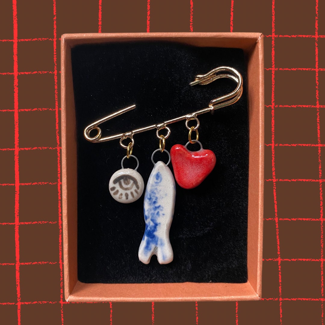 Handmade Ceramic Sardine, Eye and Heart Gold Plated Brooch-cute and ...