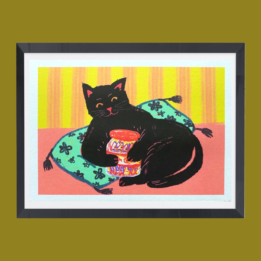 Cheeky Black Cat With Jar of Sardines- Quirky and Vibrant Wall Hanging ...