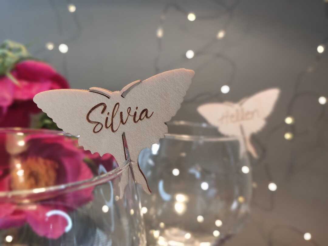 Personalized Wooden Name Cards for Glass - Butterfly - Laser Cut and ...