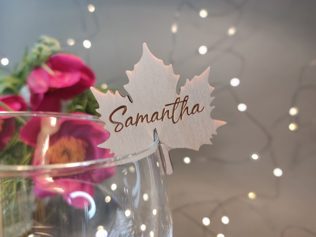 Personalized Wooden Name Cards for Glass - Maple Leaf - Laser Cut and ...