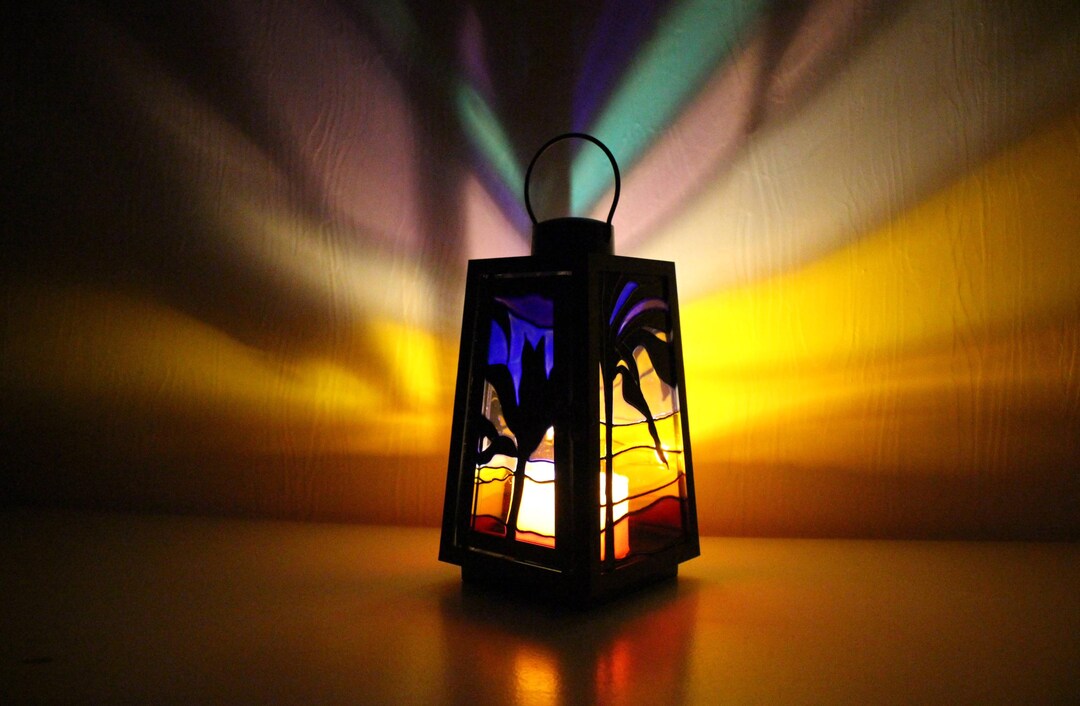 Hand-painted Battery Operated Led Lantern With Palms Design, Colourful ...