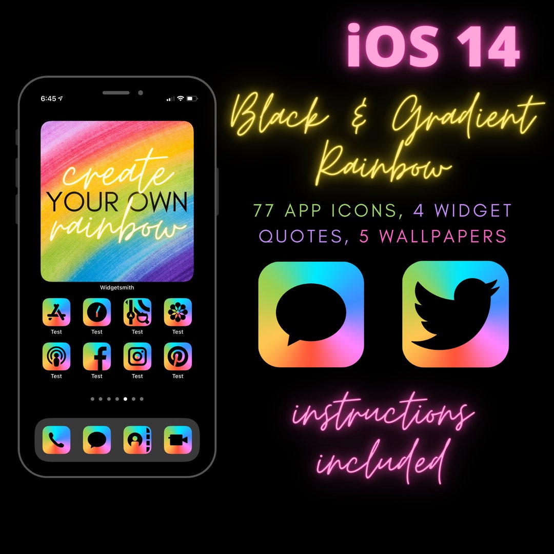 Ios 14 Black & Gradient Rainbow Aesthetic, App Icons, Widget Quotes ...