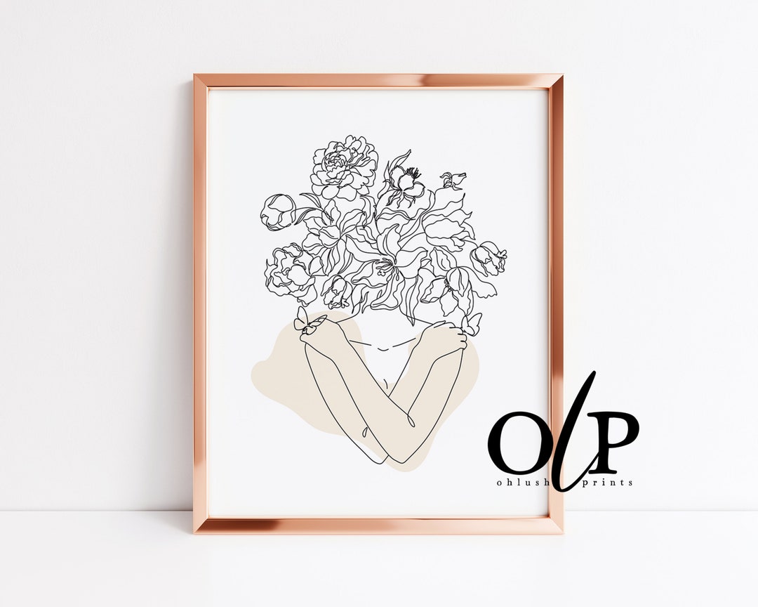 Feminine Line Art, Floral Woman Line Art, Minimal Line Drawing Bedroom ...
