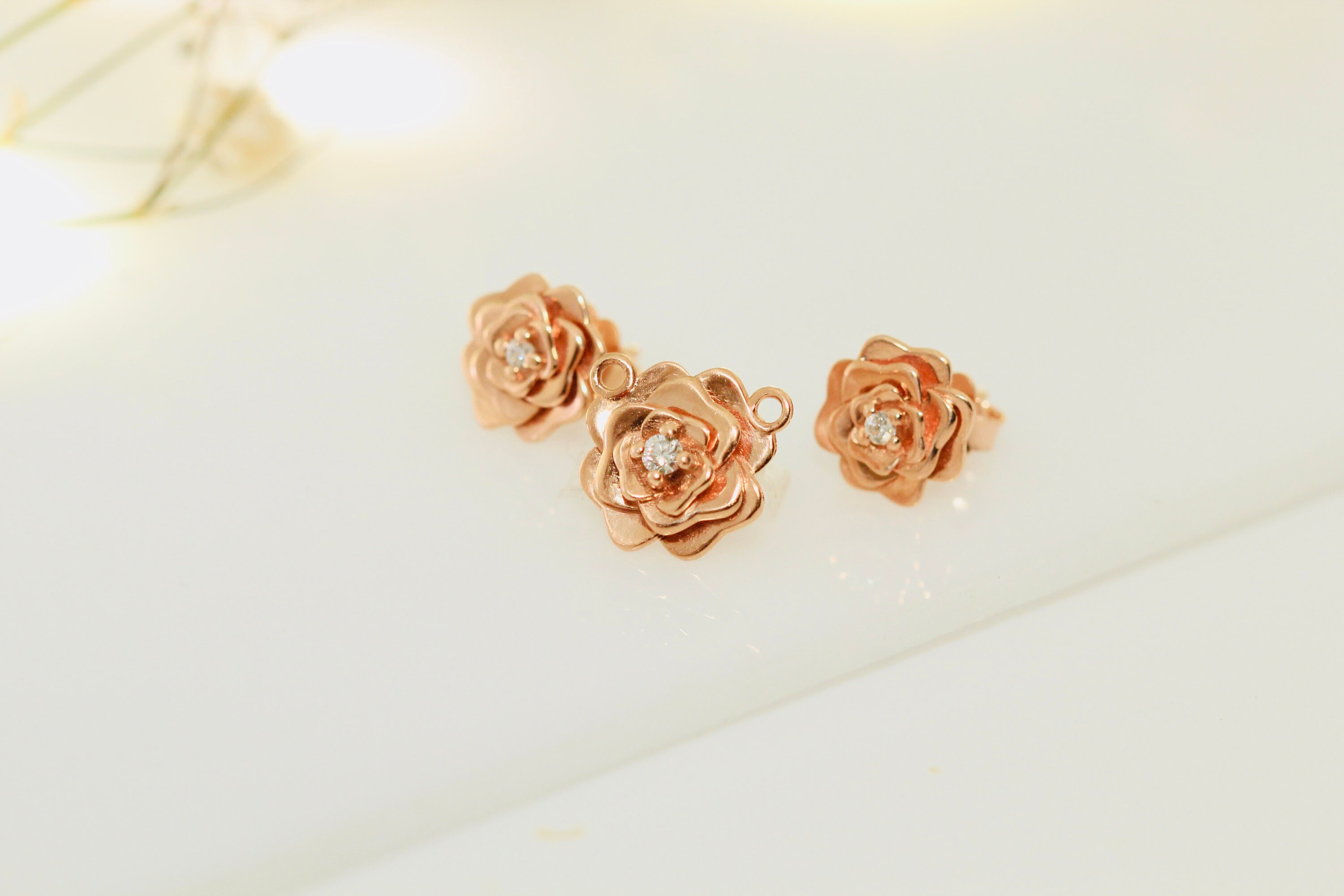 14k Solid Gold Rose Diamond Necklace, Gift for Her, 14k Flower Diamond ...