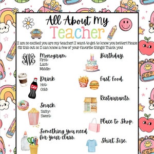 All About My Teacher Back to School Sheet (6 Different Design Options ...