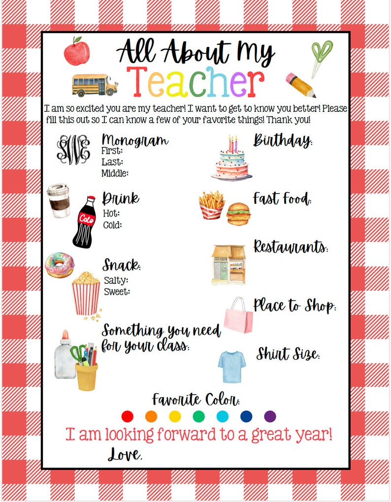 All About My Teacher Back to School Sheet (6 Different Design Options ...