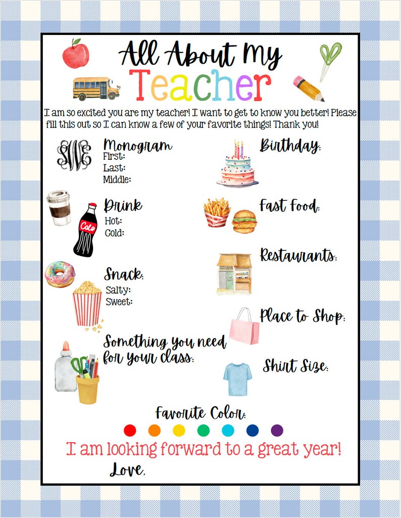 All About My Teacher Back to School Sheet (6 Different Design Options ...