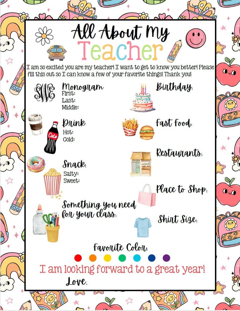 All About My Teacher Back to School Sheet (6 Different Design Options ...