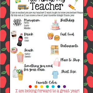 All About My Teacher Back to School Sheet (6 Different Design Options ...