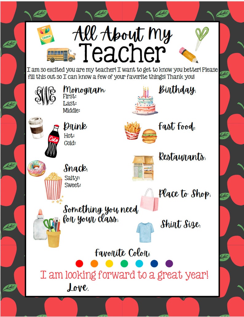 All About My Teacher Back to School Sheet (6 Different Design Options ...