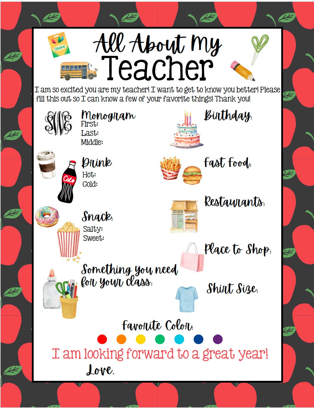 All About My Teacher Back to School Sheet (6 Different Design Options ...