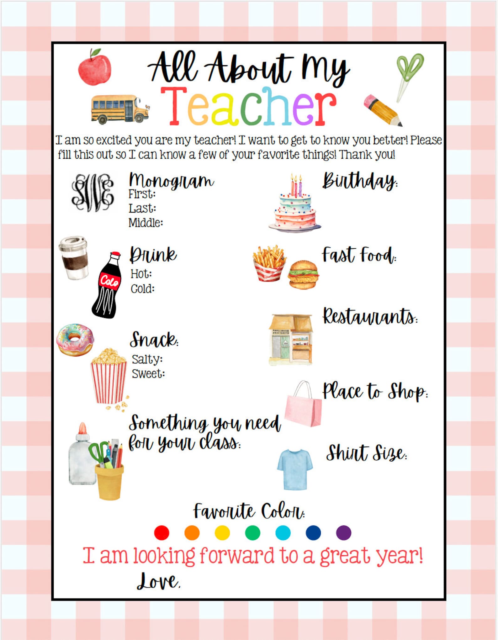 All About My Teacher Back to School Sheet (6 Different Design Options ...