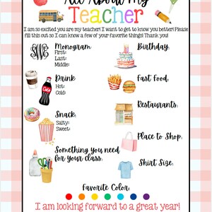 All About My Teacher Back to School Sheet (6 Different Design Options ...