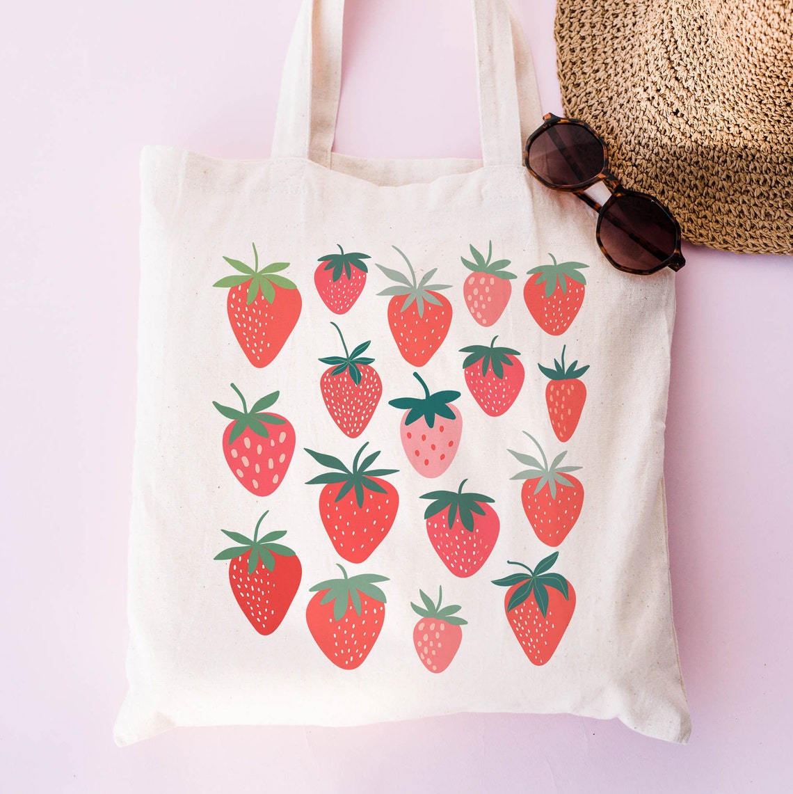 Cute Strawberry Print Tote Bag Cotton Grocery Bag Reusable Etsy