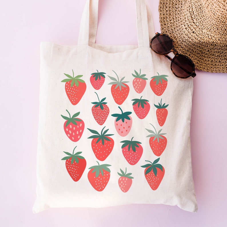 Cute Strawberry Print Tote Bag Cotton Grocery Bag Reusable - Etsy