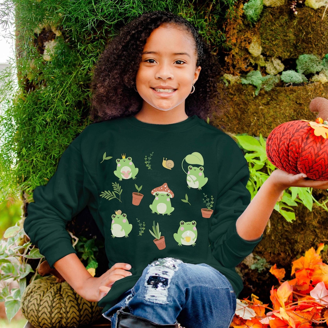 Youth Cute Frog Sweatshirt Kawaii Frog Kids Sweater Cottagecore ...