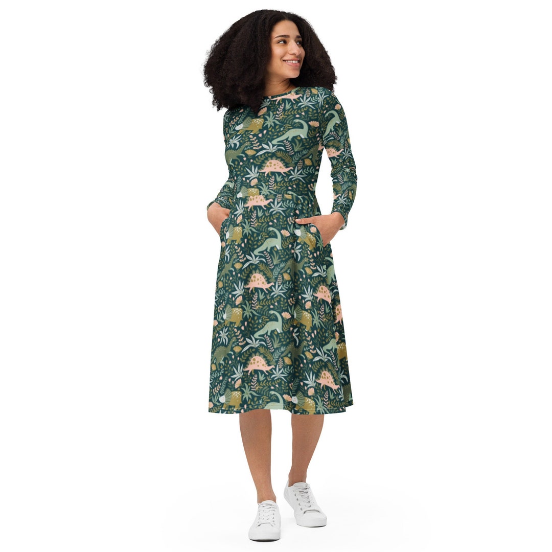 Long Sleeve Boho Dinosaur Midi Dress Dino Print Dress Stegosaurus ...