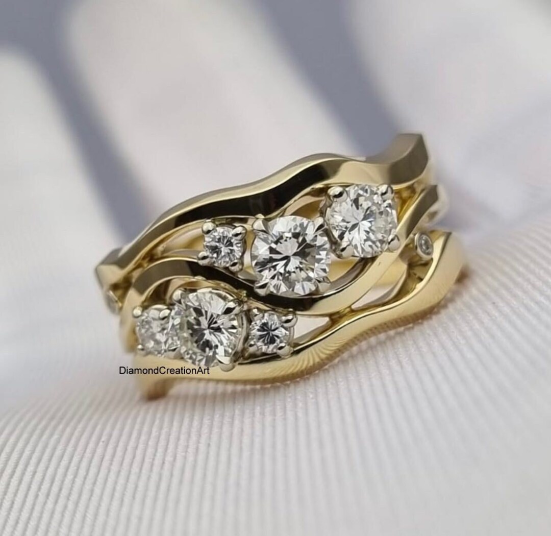 Freeform Ring in 14K Yellow Gold, Round Cut Colorless Moissanite ...