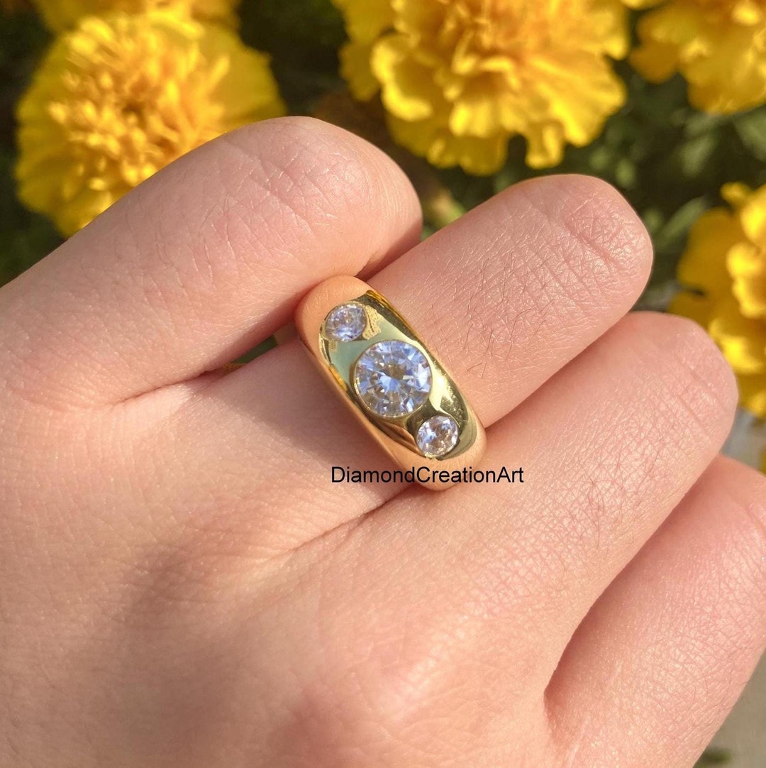 10K Yellow Gold Wedding Ring, Three Stone Moissanite Gypsy Ring, 1.80 ...