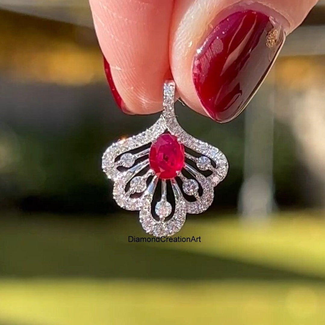 5x4 MM Oval Cut Pink Ruby Gemstone Pendant, Round Cut Colorless Diamond ...