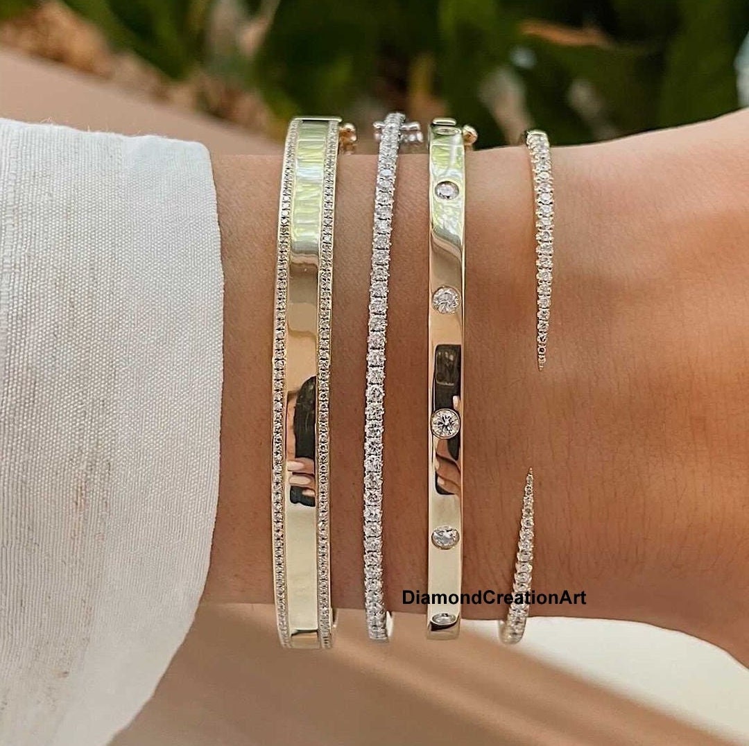 Flush Setting Wedding Bangle Bracelet, Women's Bangle, Half Way Bangles, Two Row Diamond Bangle ...