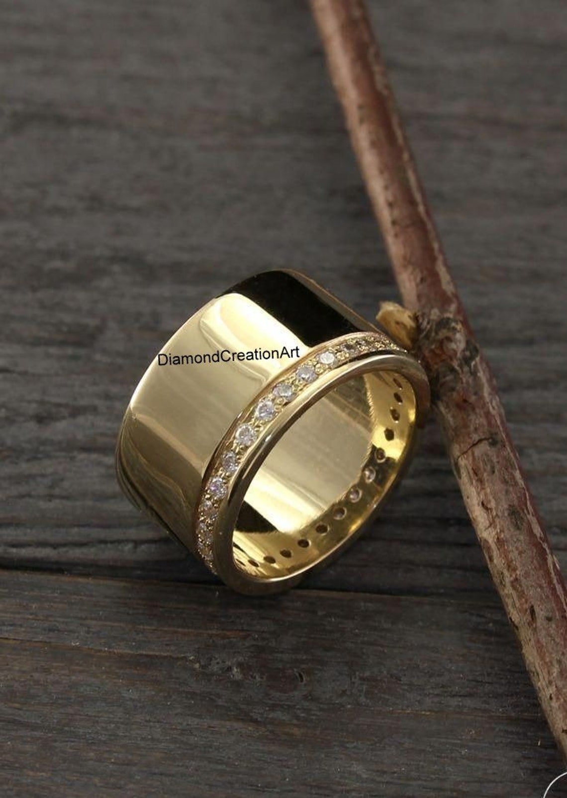 14K Yellow Gold Band With Small Flush Set Diamond Unique - Etsy