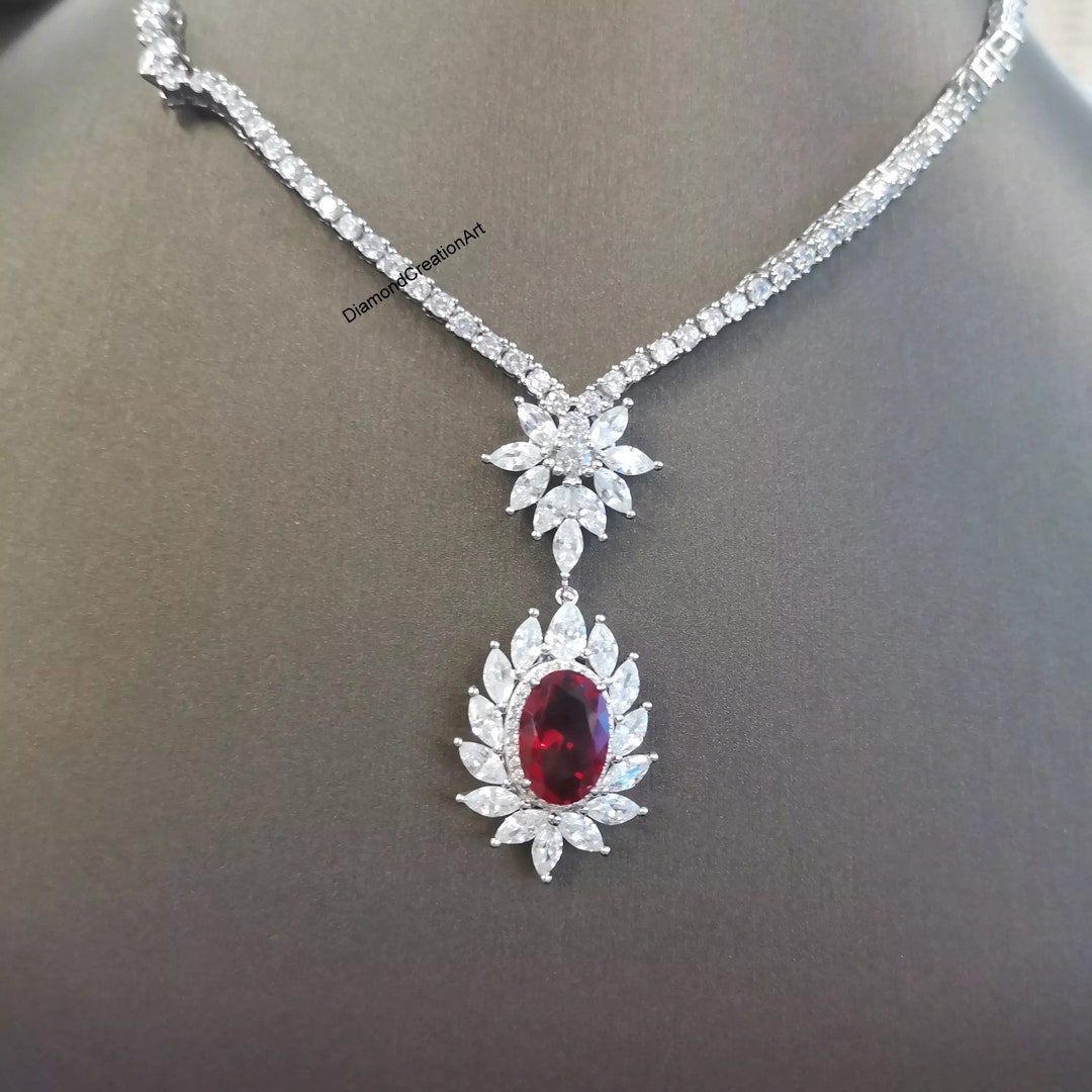 Oval Cut Pink Ruby Gemstone Women Necklace, Colorless Diamond Necklace ...