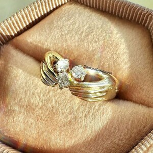 14K Yellow Gold Two Hands Ring, Round Cut Colorless Moissanite ...