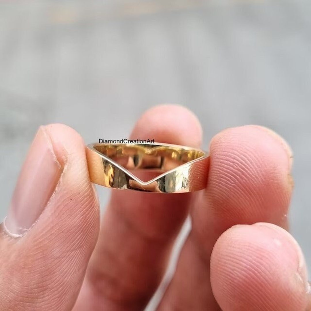 18K Gold V Shape Matching Band Wedding Band Ring Bridal Ring Set V ...