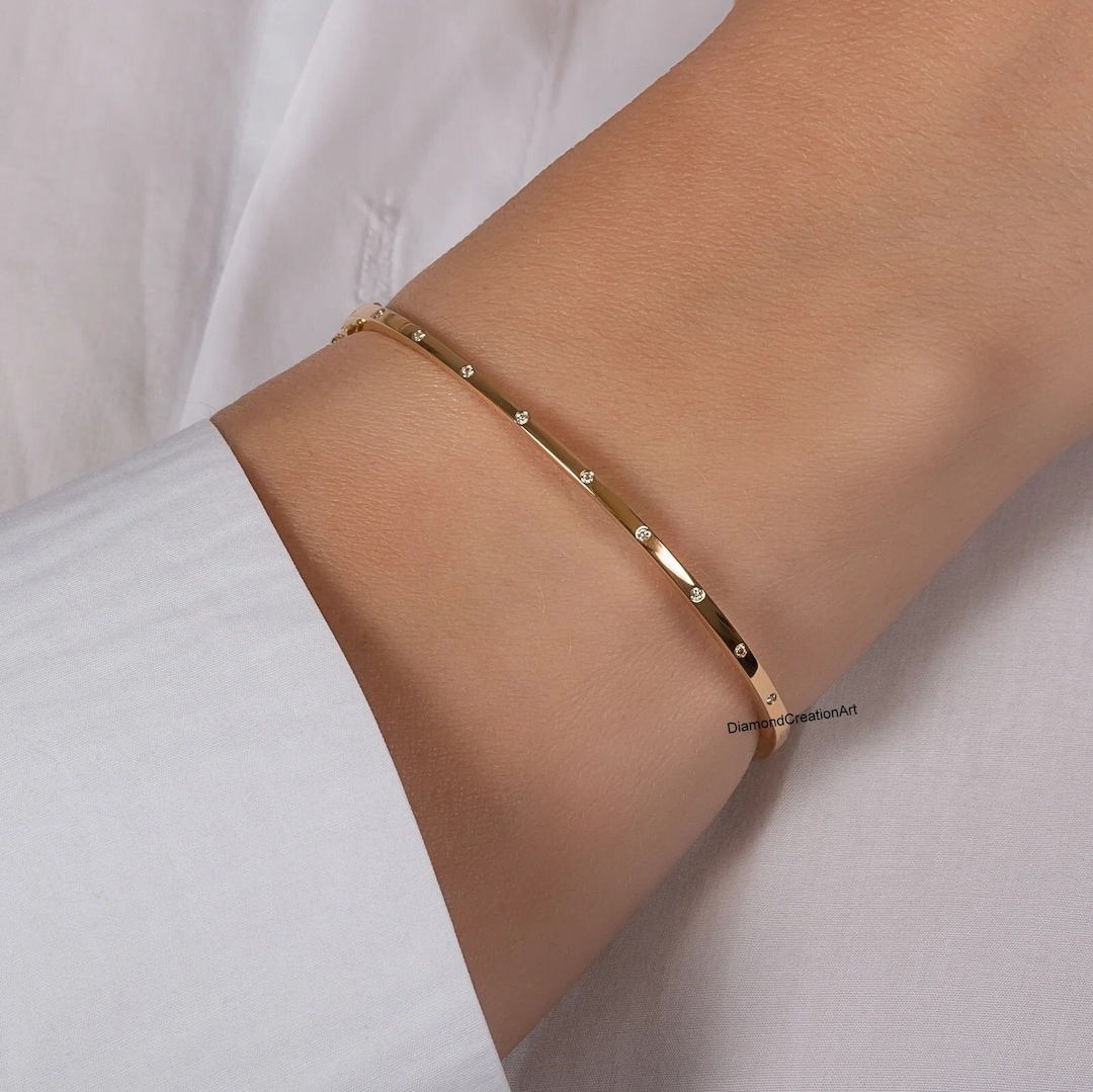 Perfect Everyday Bangle, Round Cut Flush Set Moissanite Diamond Wedding Bangle, Diamond Half ...