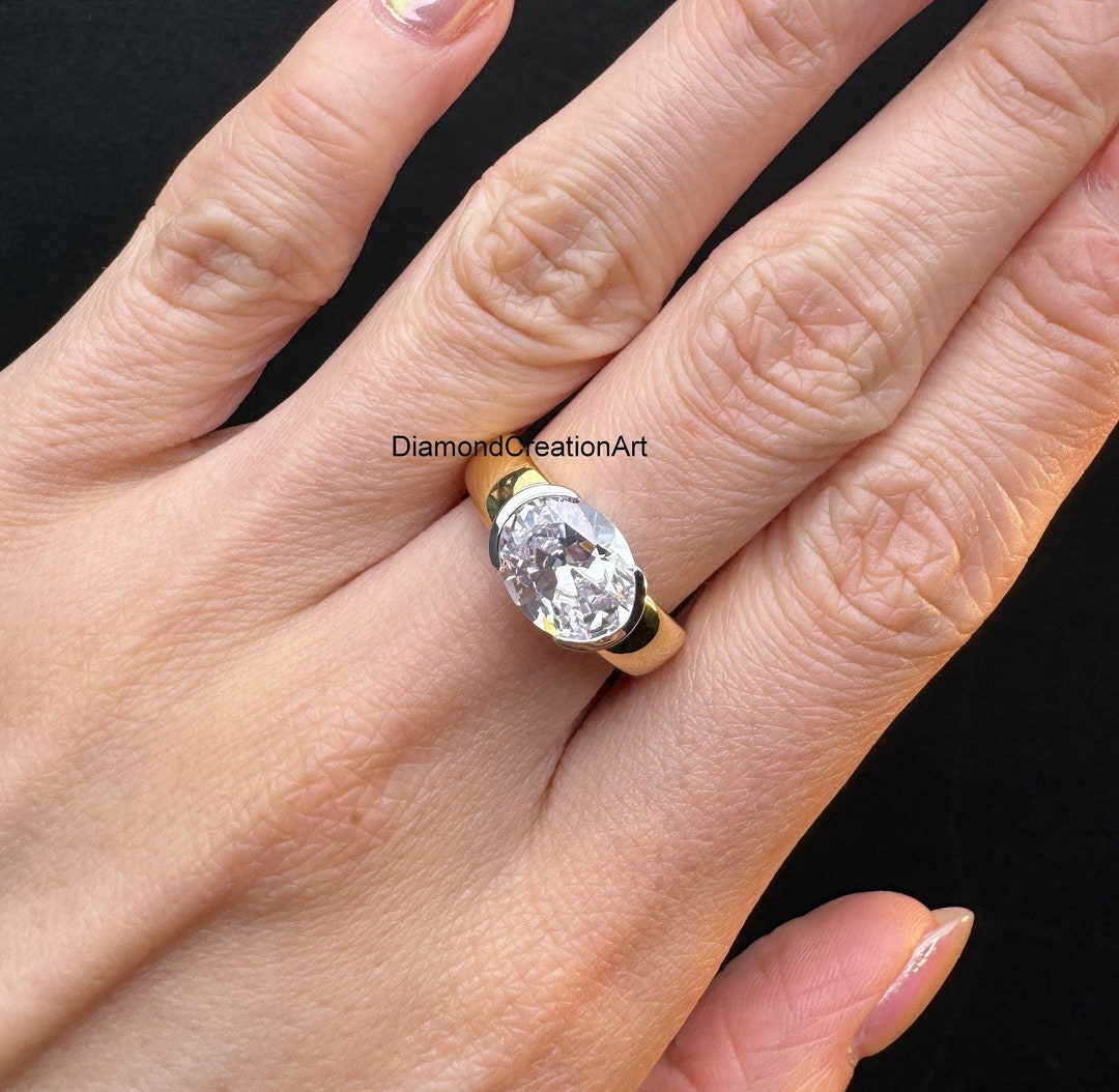 East to West Oval Cut Half Bezel Set Ring, 2.50 CT Oval Cut Engagement ...