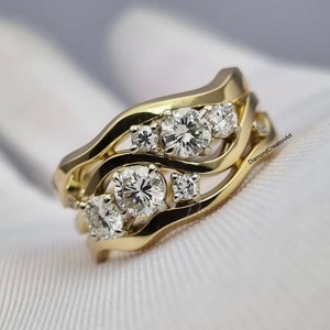 Freeform Ring in 14K Yellow Gold, Round Cut Colorless Moissanite ...