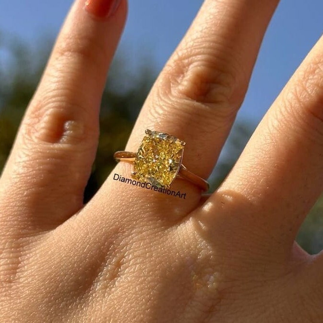 Yellow Crushed Ice Elongated Cushion Cut Diamond Ring, Solitaire ...
