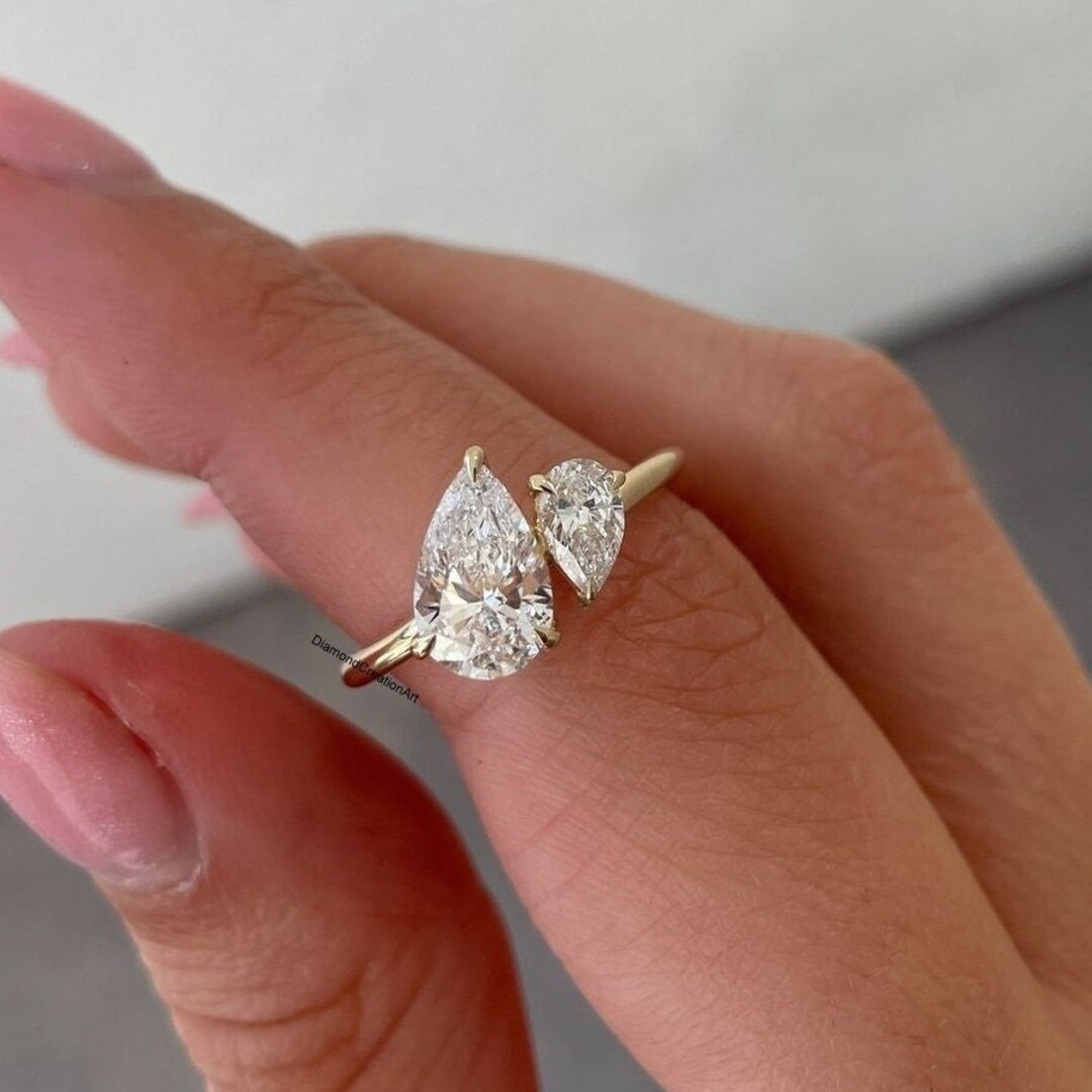 Double Stone Engagement Ring, 2 Stone Toi Et Moi Ring, Wedding Ring, 3.75 TCW Pear Cut ...