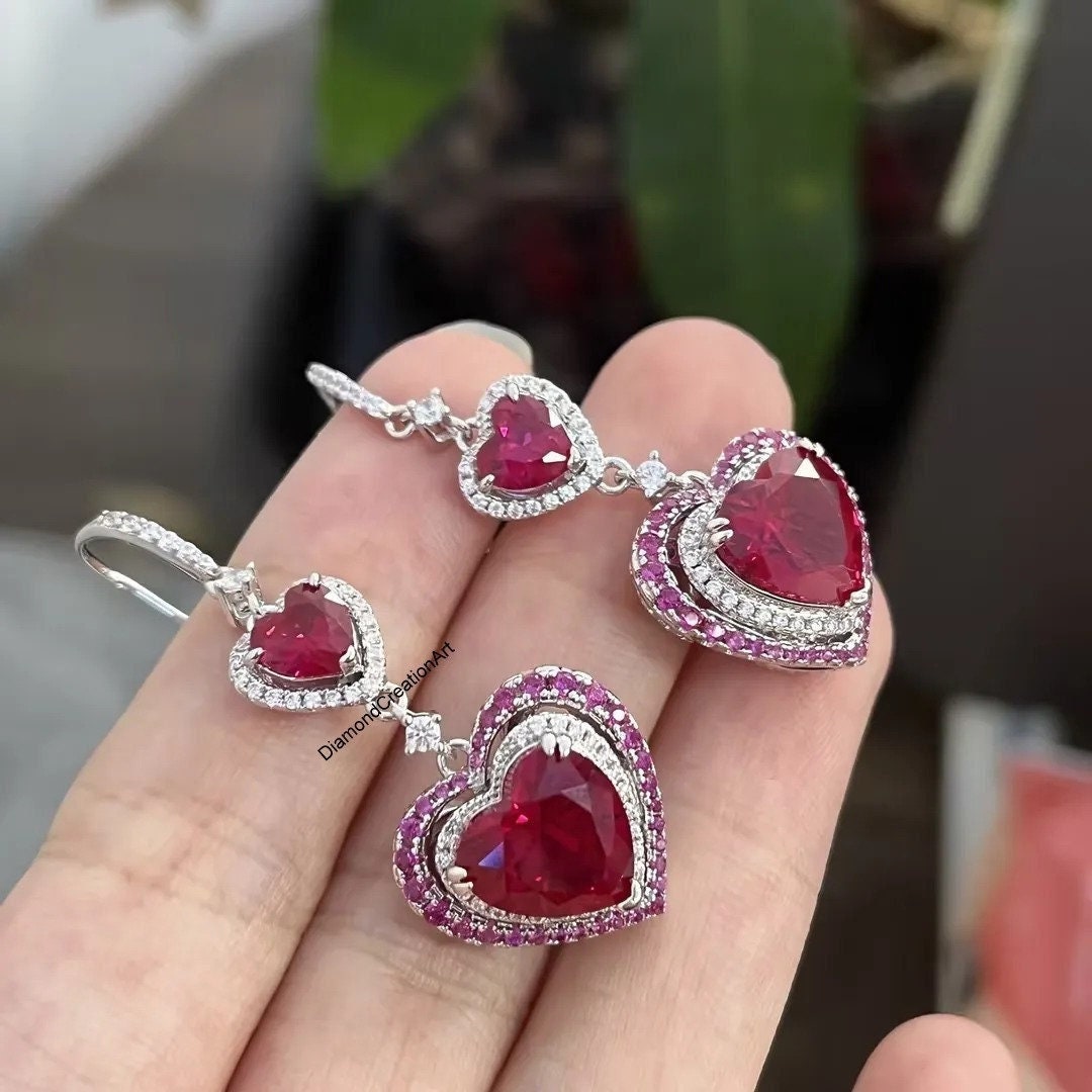 Heart Cut Pink Ruby Gemstone Drop Earrings, Colorless Diamond Halo ...