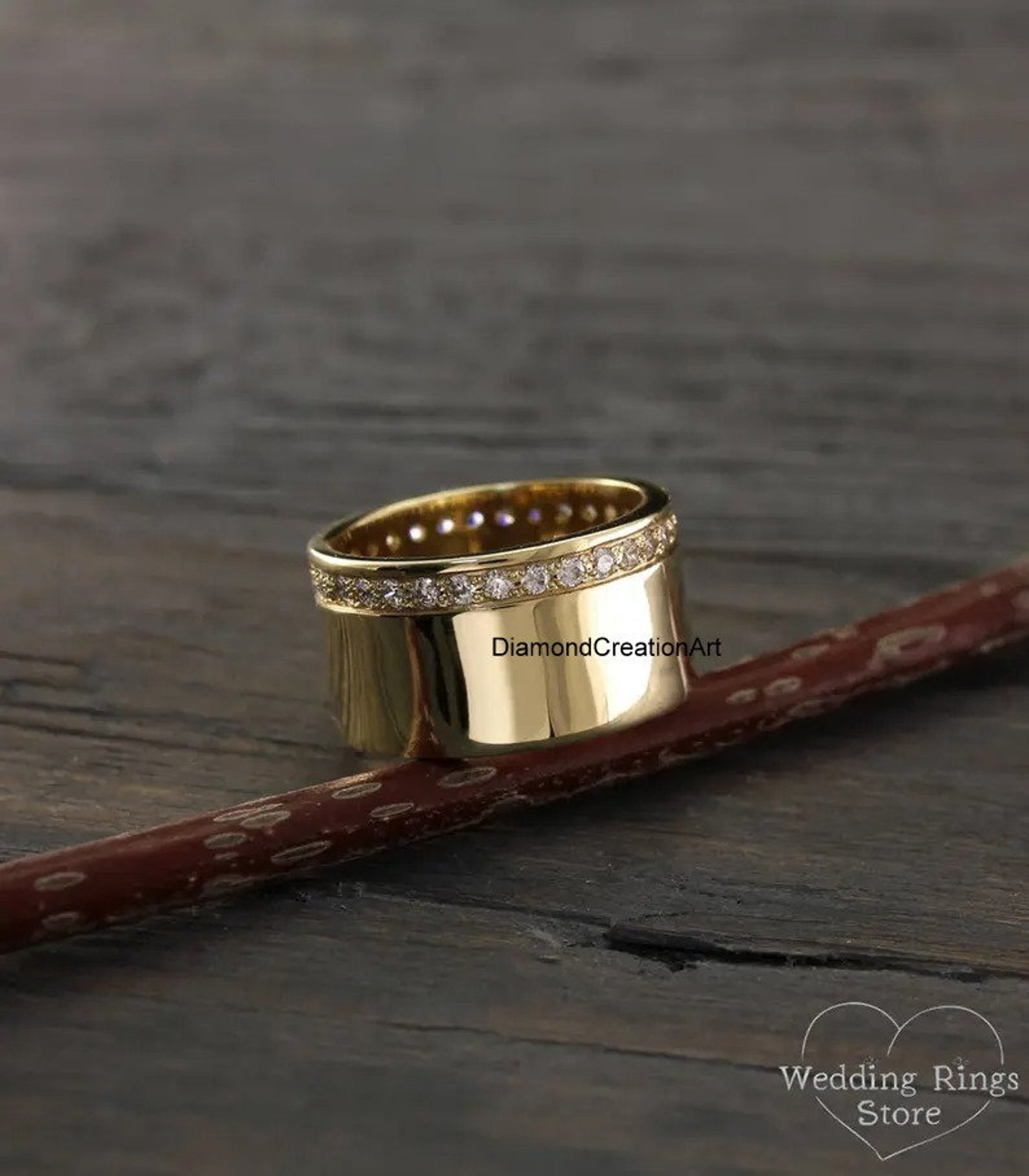 14K Yellow Gold Band With Small Flush Set Diamond Unique - Etsy