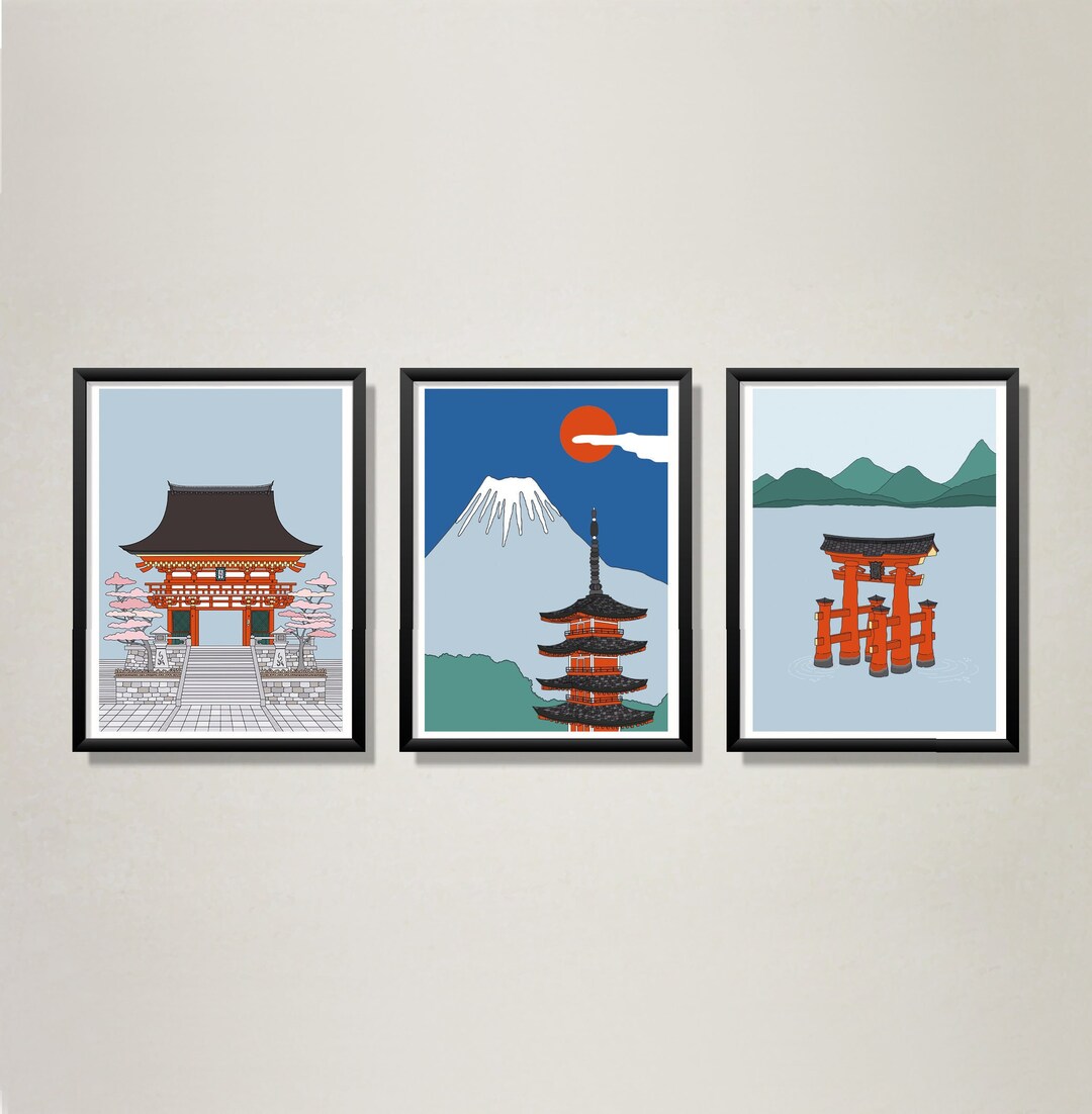 Japanese Art Print Set: Kyoto Temple, Mount Fuji, Torii Gate ...
