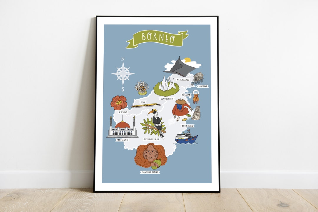 Borneo Illustrated Map Poster, Travel Themed Decor, Wall Decore, Simple ...