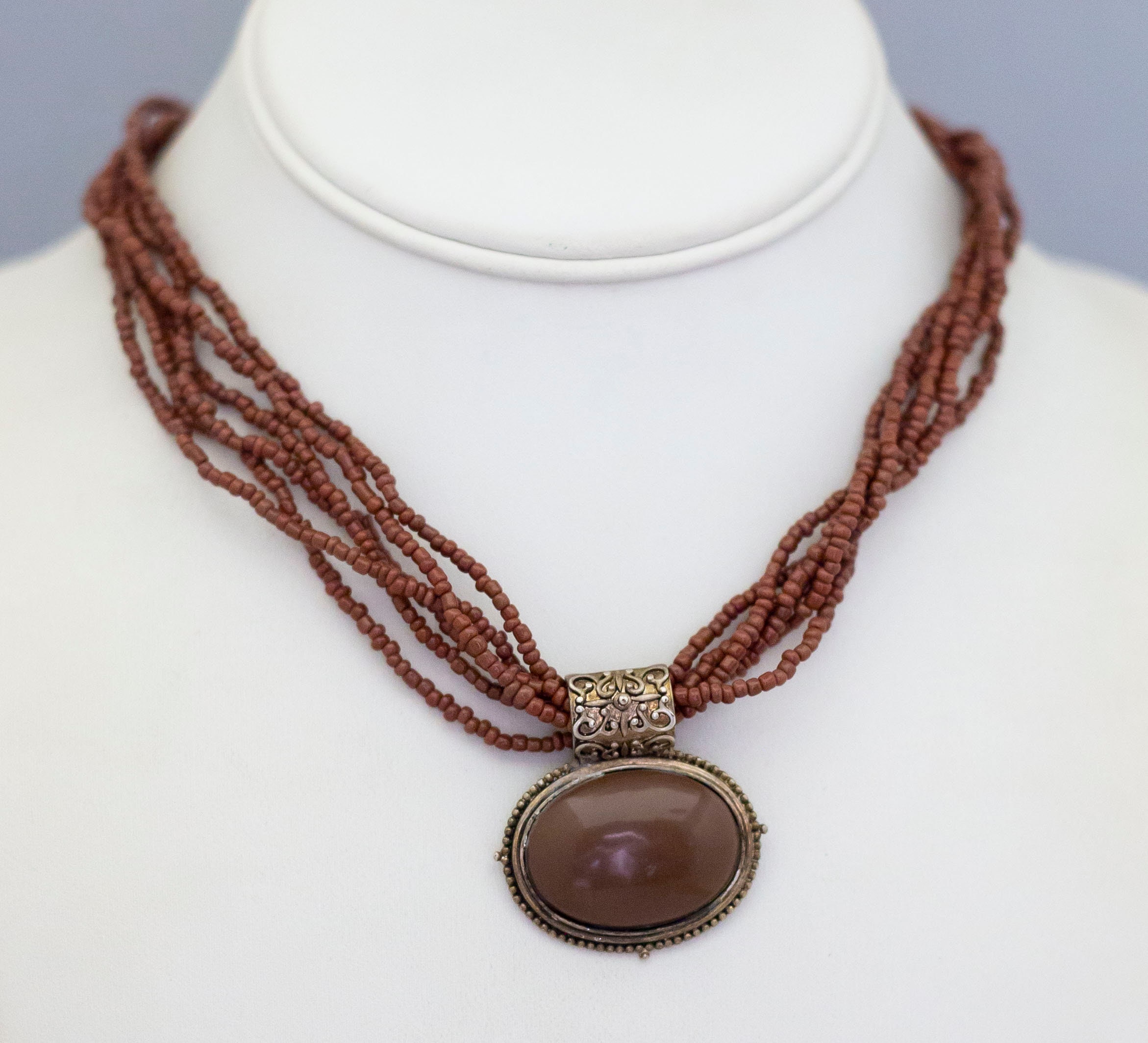 18 Inch, Vintage Necklace, Chocolate Oval Pendant, Brown Beads Necklace ...
