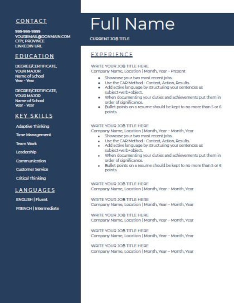 Navy Resume Template and Guide - Etsy