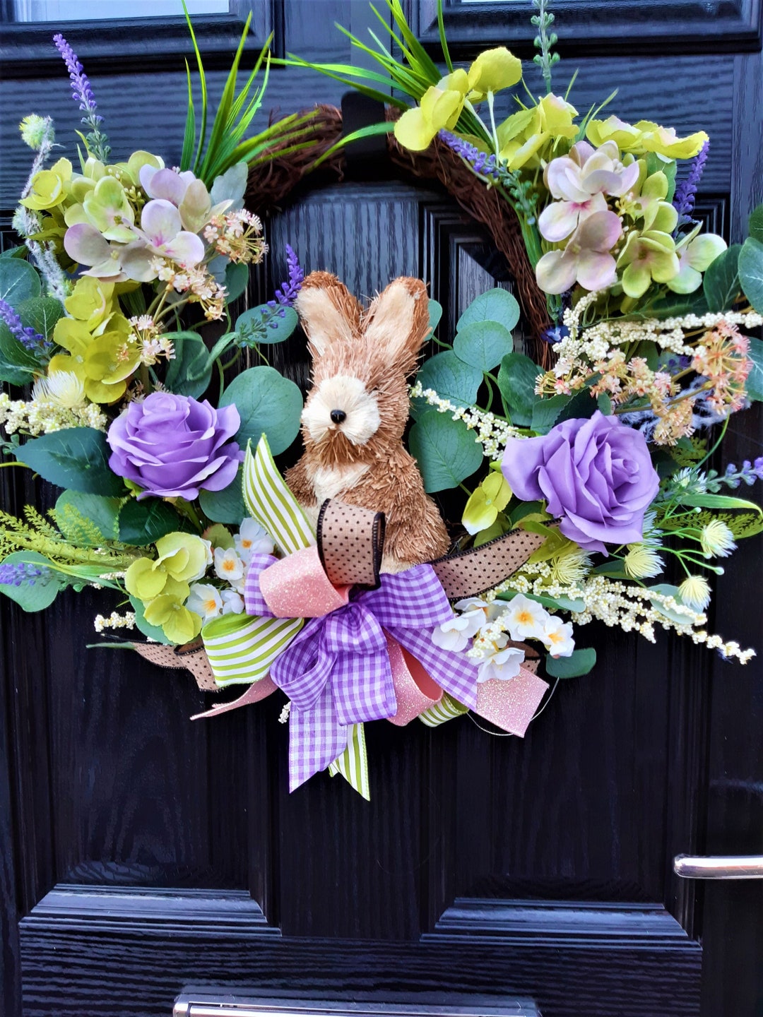 Wreath, Grapevine, Bunny, Lilac Roses, Foliage, Ribbon Bow, Measures 20 ...