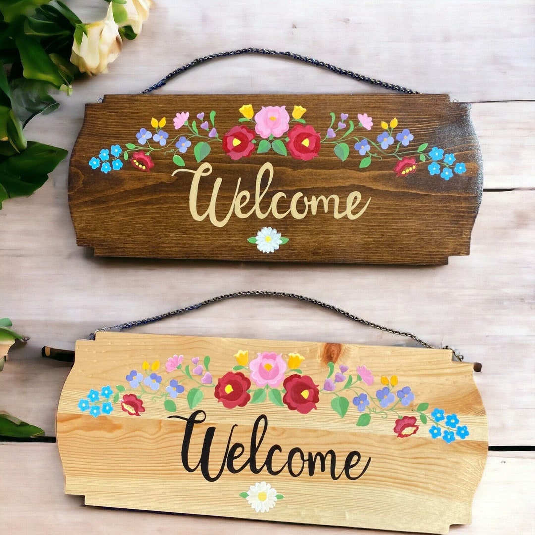 Hand Painted Welcome Sign, Wooden Entryway Sign, Hanging Door Sign ...