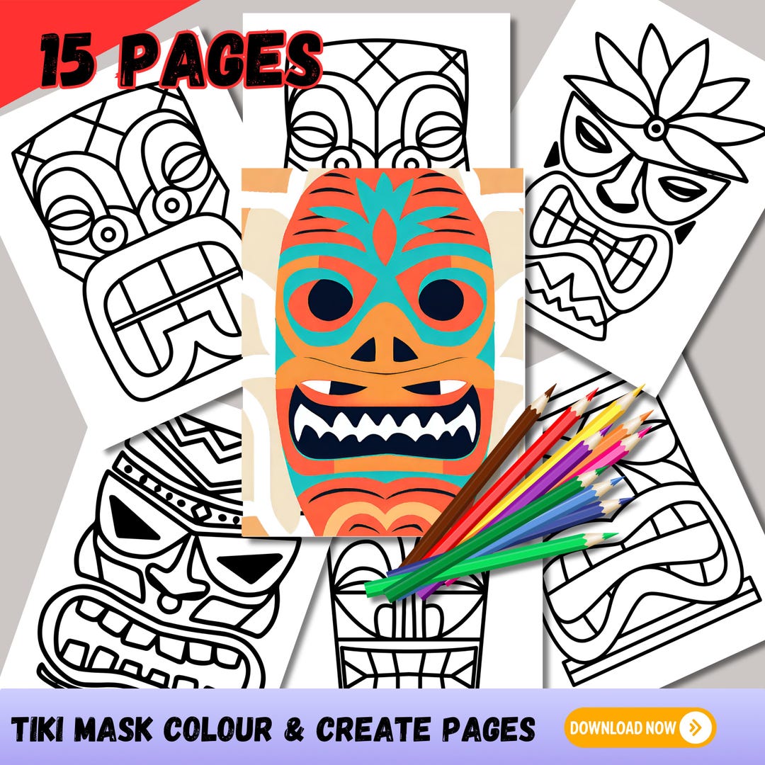 Tiki Mask Colouring Bundle, Downloadable PDF Colouring Mask, Printable ...