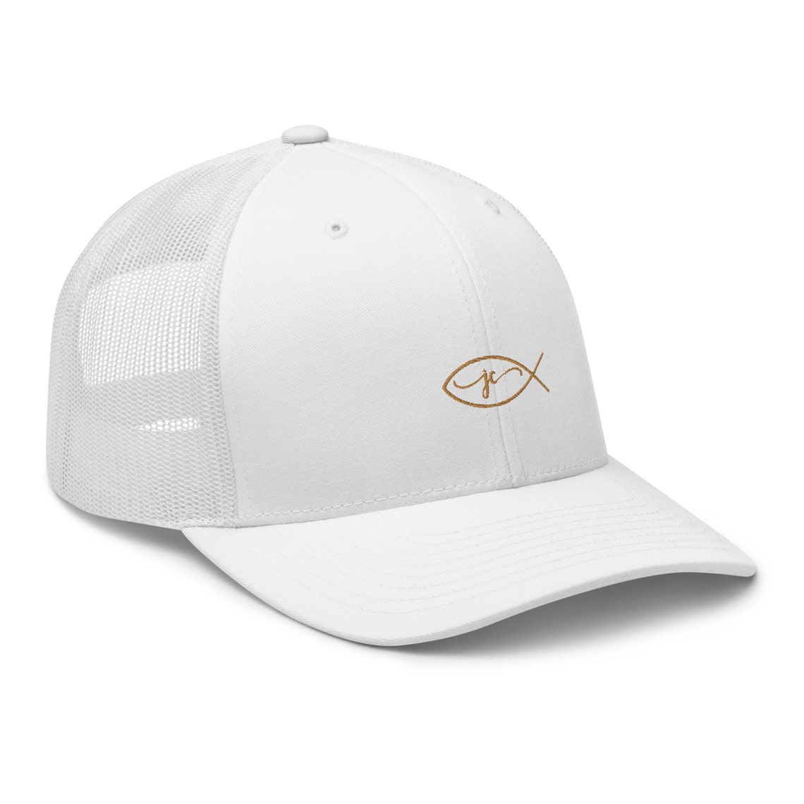 Jesus Fish Embroidered Front Panel Trucker Cap: Christian Mesh Back ...