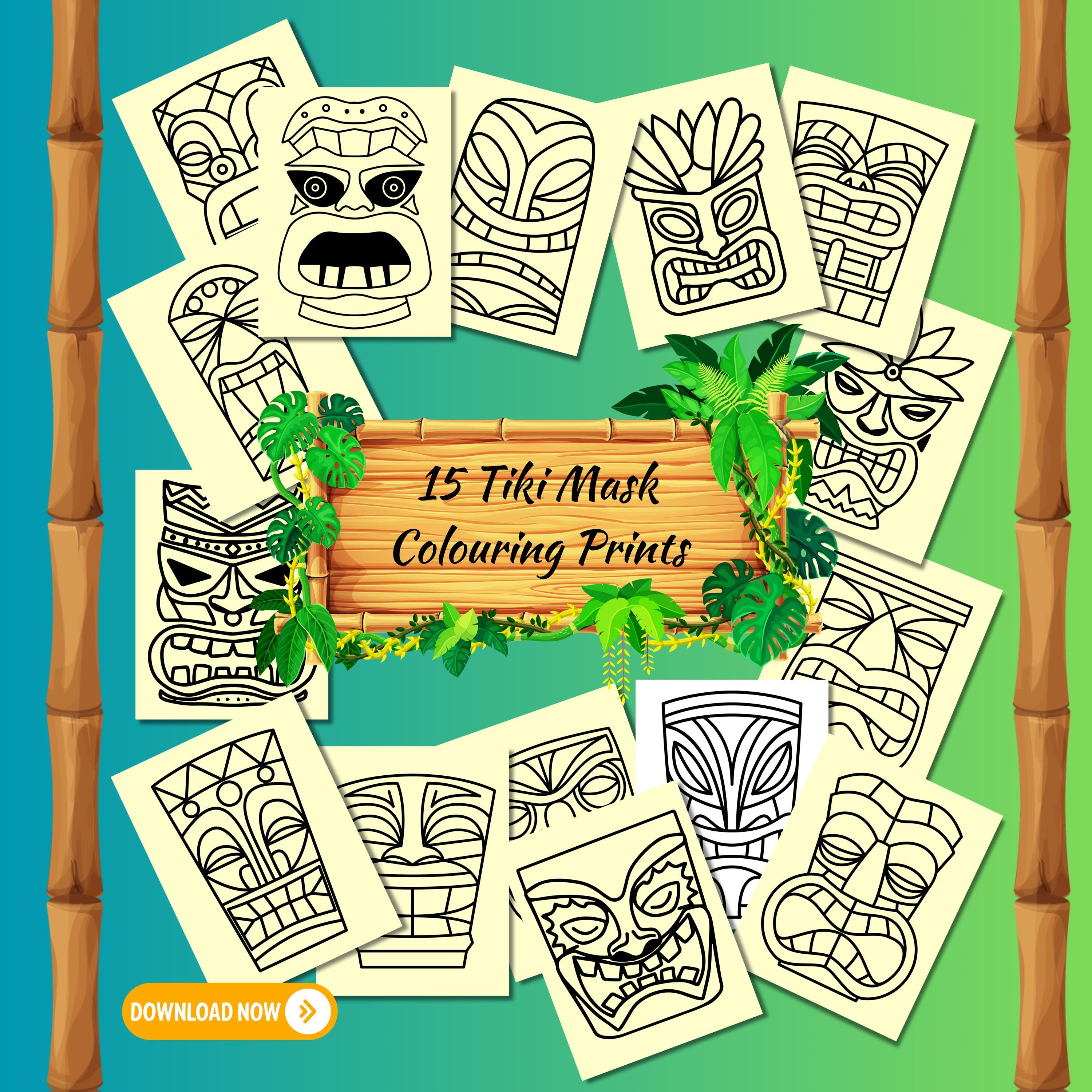 Tiki Mask Colouring Pages: Printable Party Masks (PDF Download, 15 ...