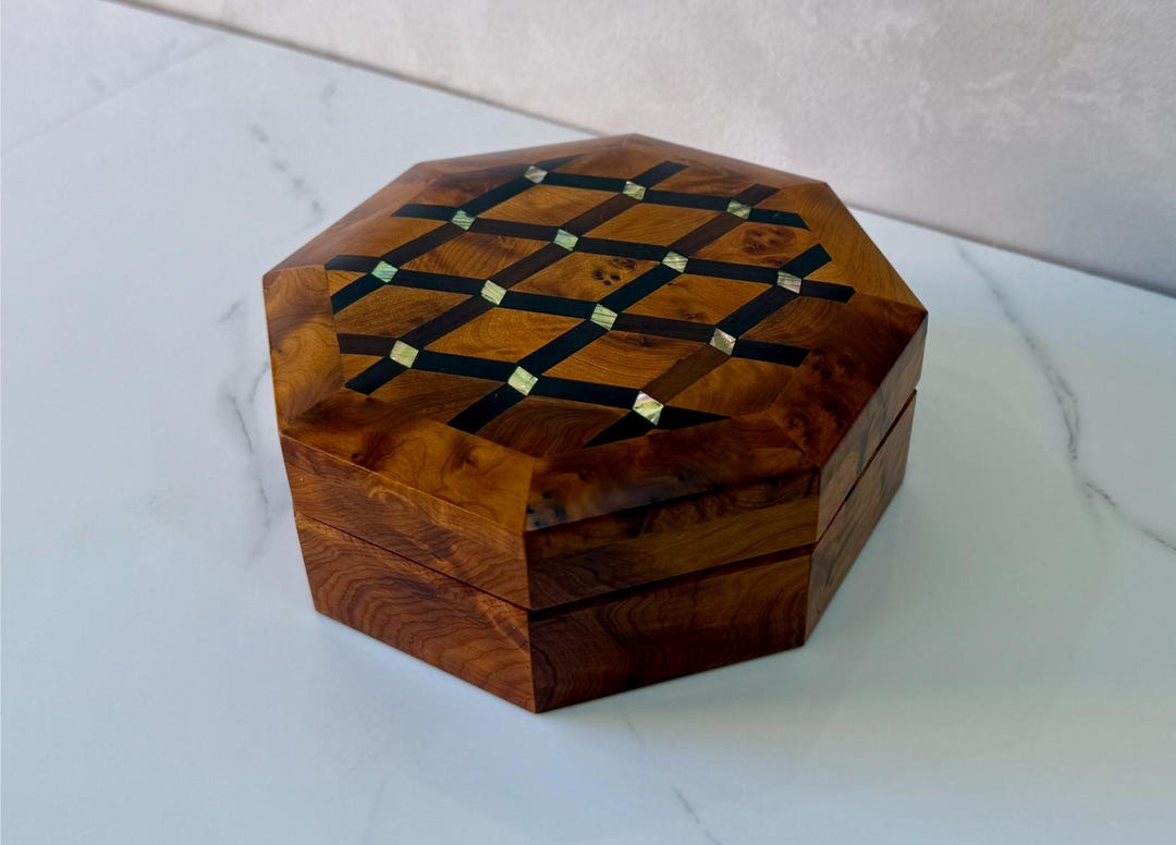 Octagonal Moroccan Thuya Wood Box 6x6in – Geometric Lattice Inlay ...