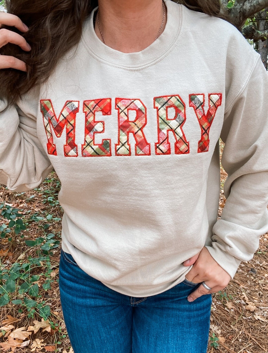 Merry Applique EMBROIDERED Crewneck | Embroidered Apparel Sweatshirt ...