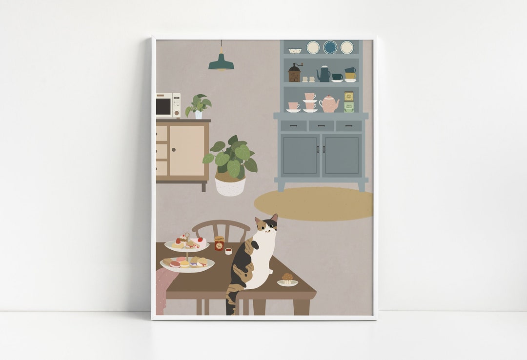 Cat in the Kitchen Wall Art Print | Cat and Dessert Print | Cat and ...