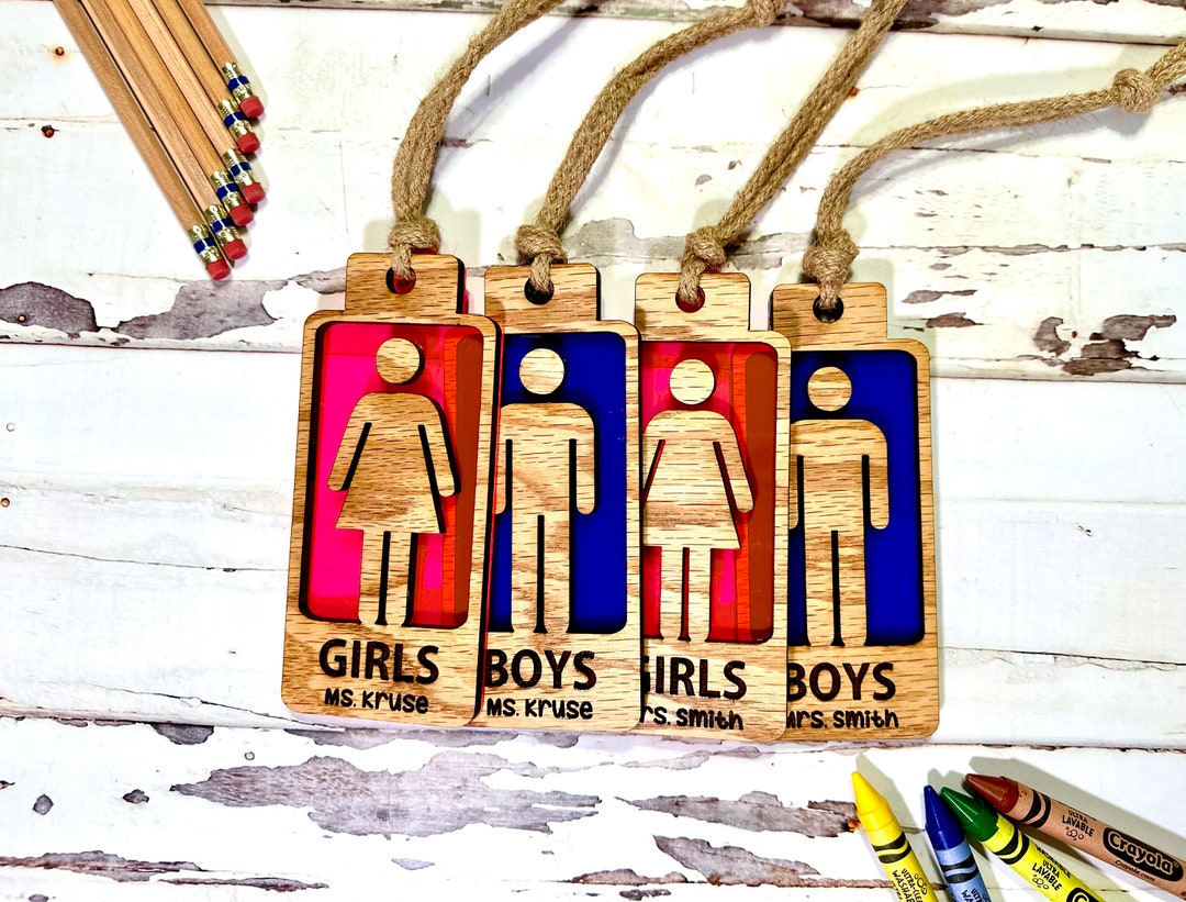 School Restroom Hall Pass | Boys & Girls | Wooden Set of 2 (1 Boy, 1 ...
