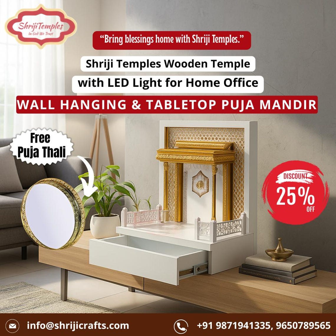 Shriji Temples Wooden Temple With LED Light for Home and Office Puja ...